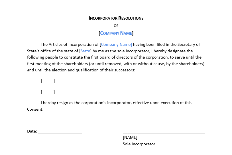 Corporation Incorporator Resolution